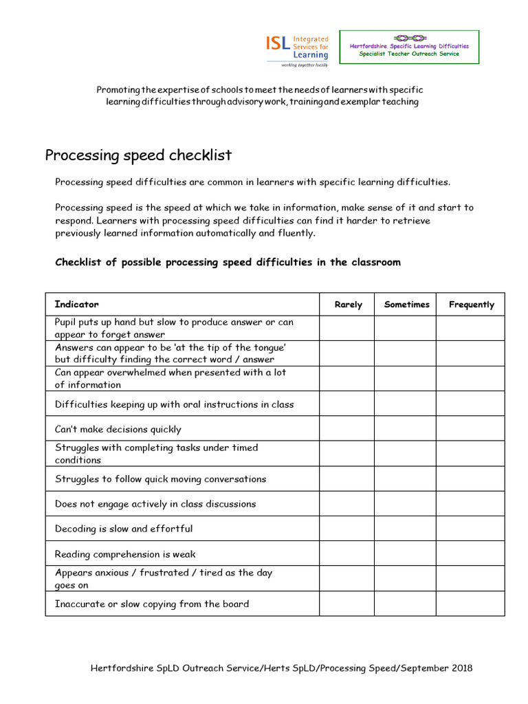 SPLD Processing Speed Difficulties Checklist | PDF