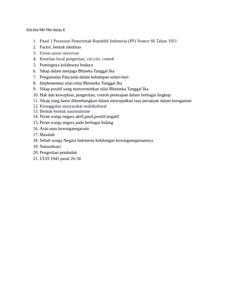 Kisi-Kisi Pat PKN X 2025 | PDF