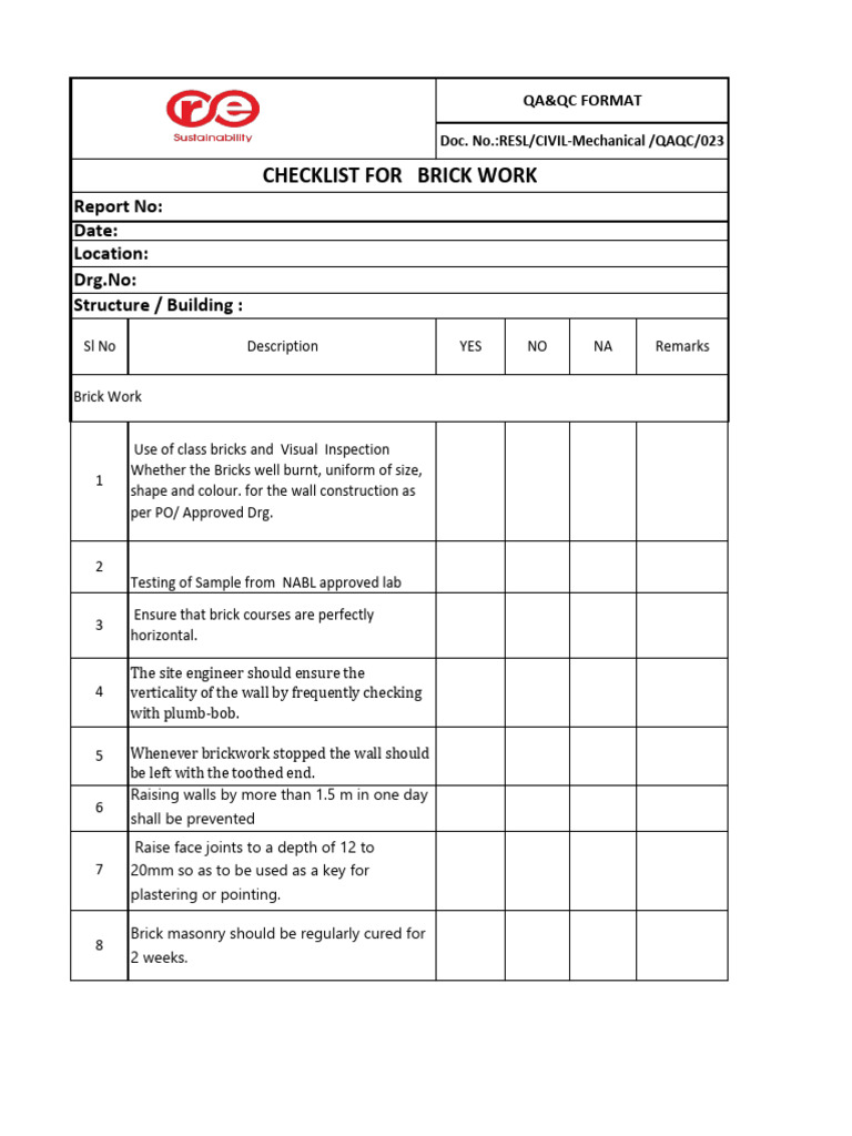 Checklist For Brick Work | PDF