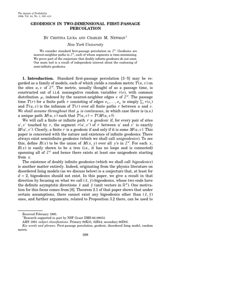 Geodesics in Two-Dimensional First-Passage Percolation | PDF | Theorem | Mathematical Proof