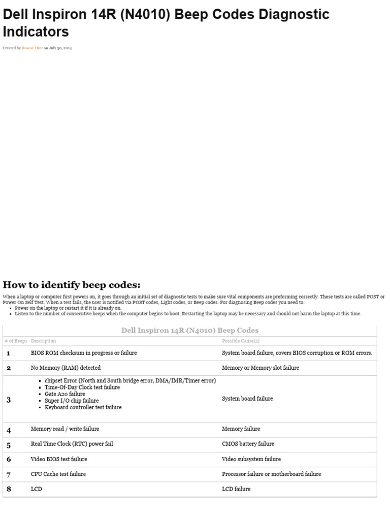 Dell Inspiron 14R (N4010) Beep Codes Diagnostic Indicators | PDF | Bios | Video Game Platforms