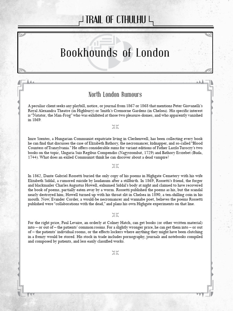 Trail of Cthulhu - Bookhounds of London - North London Rumours | PDF