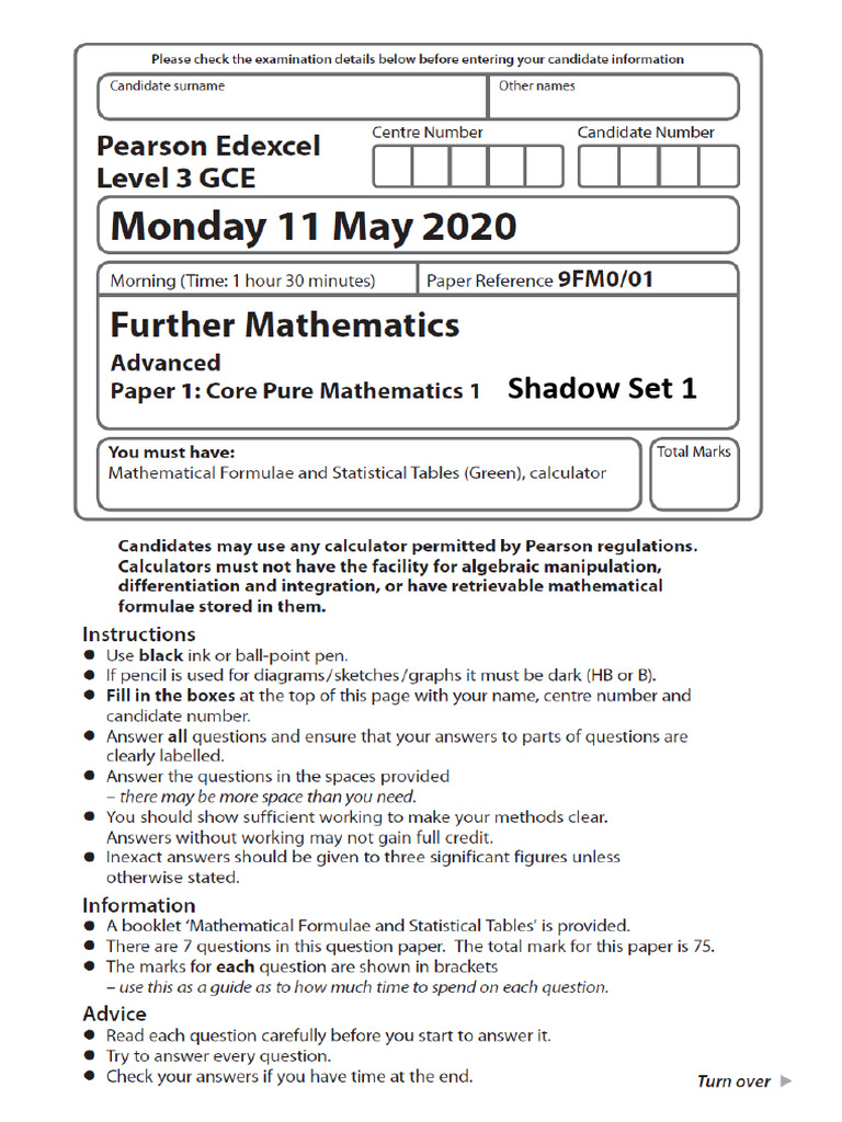 Shadow October 2020 Core Pure 1 | PDF | Mathematics | Mathematical Objects