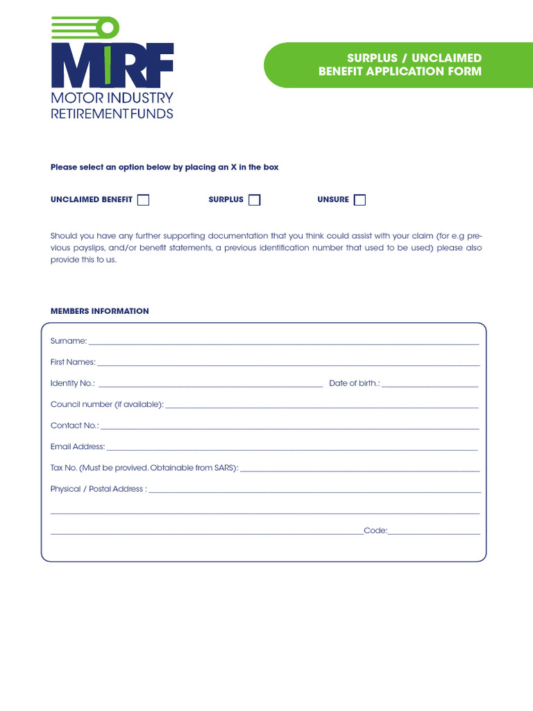 MIRF Surplus Unclaimed Benefit Form Rev | PDF | Identity Document ...