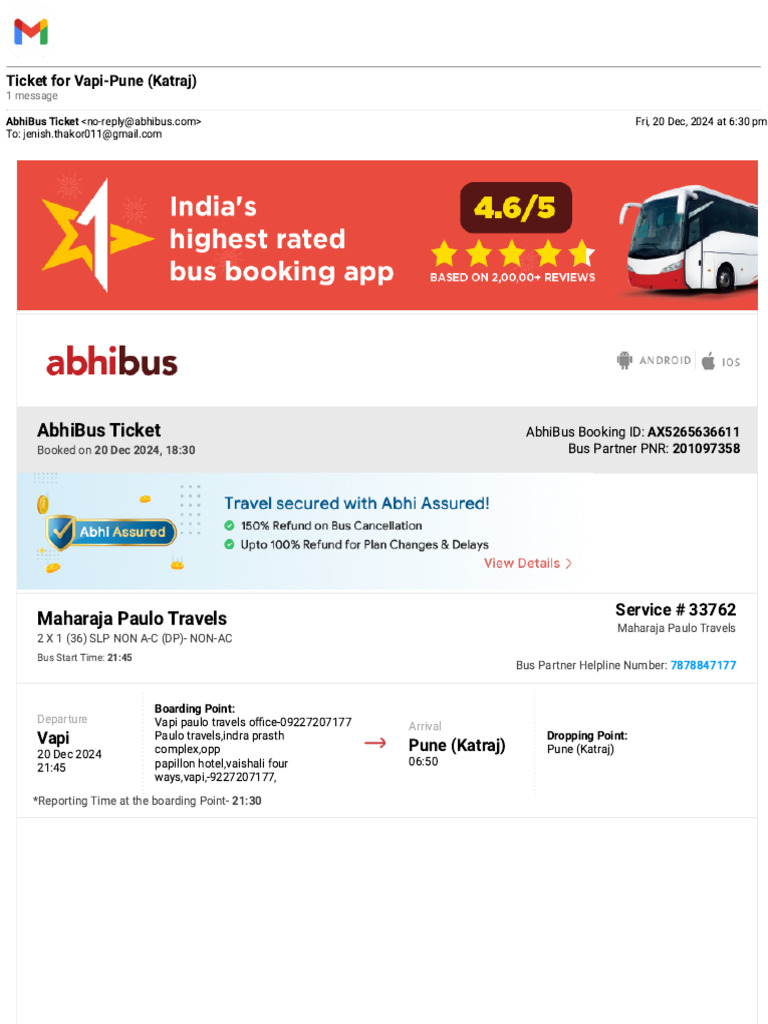 Gmail - Ticket For Vapi-Pune (Katraj) | PDF | Public Transport | Payments