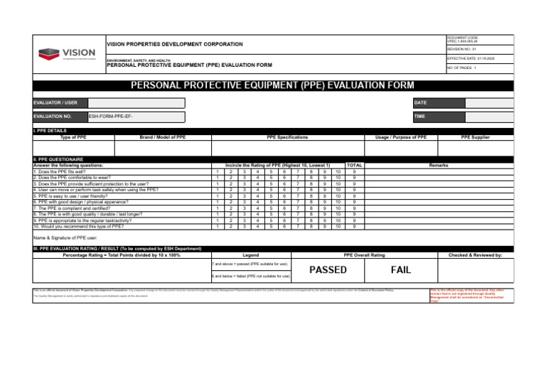 VPDC.1.404.005.24-PPE Evaluation Form | PDF | Personal Protective Equipment