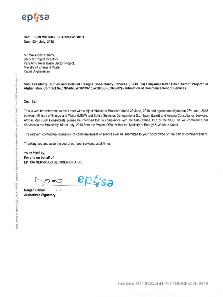 Letter of Intimation of Commencement of Services - Panj Amu Project ...