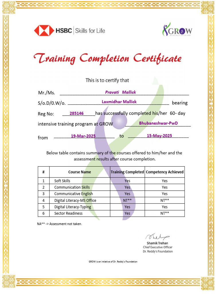 GROW Training Program Completion Certificate | PDF | Microsoft Excel ...