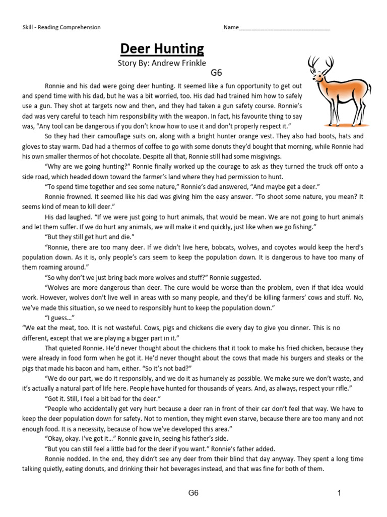 6th Deer Hunting Sixth Grade Reading Comprehension Worksheet | PDF ...