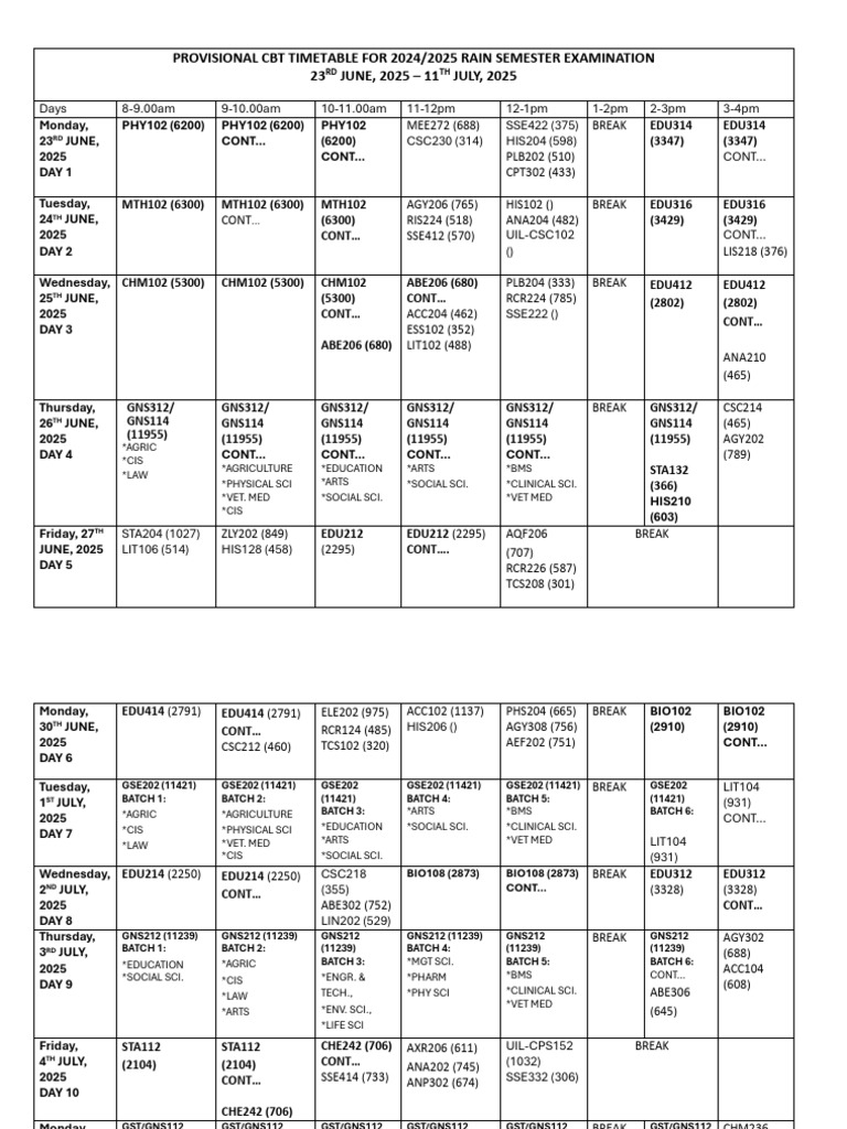 Provisional CBT Timetable Rain Exam For 2024 - 2025 Semester | PDF | Government