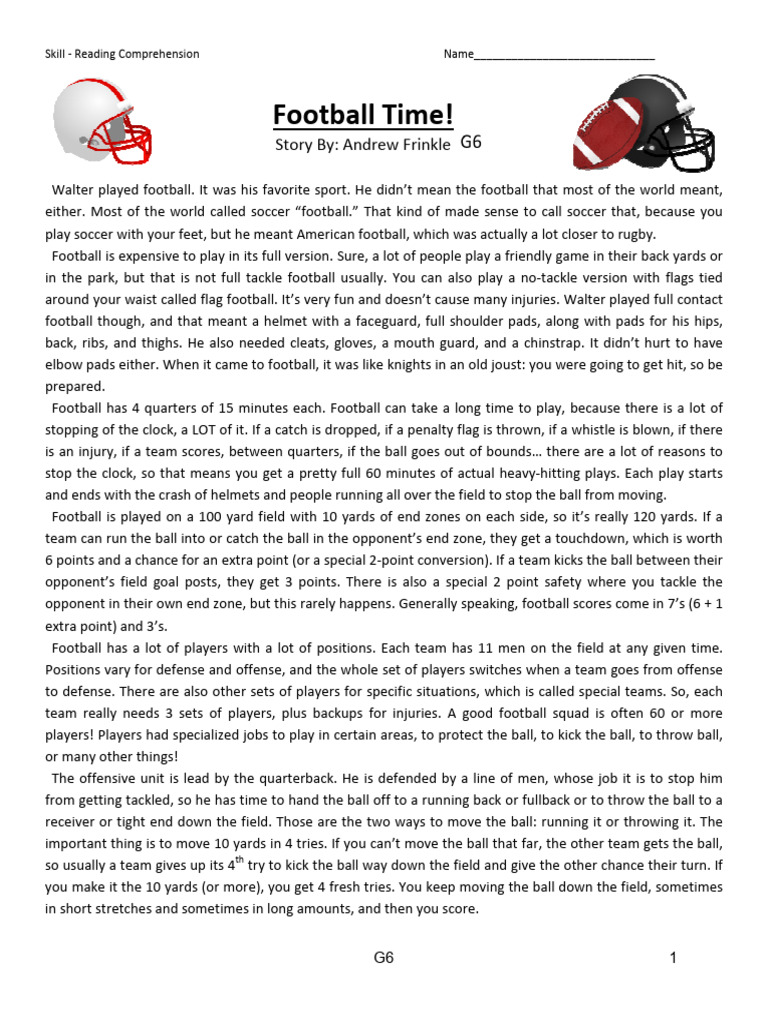 6th Football Time Sixth Grade Reading Comprehension Worksheet | PDF ...