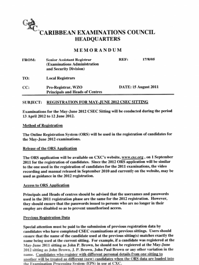 Memo To Lrs Re Csec May June 2012 Registration Pdf Computer Aided