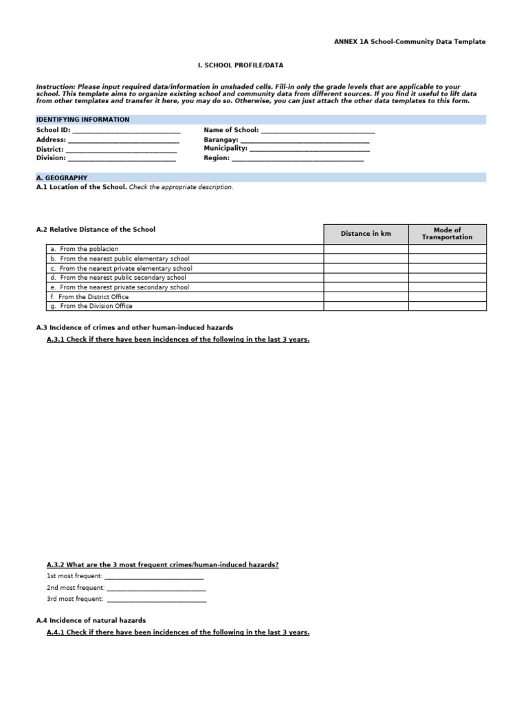 Sip Annex 1a School-Community Data Template | PDF | Violence | Hand Washing