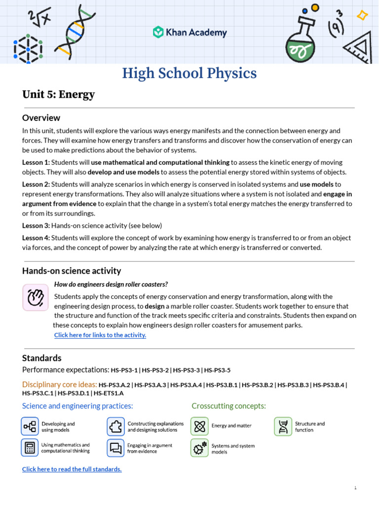 Unit Guide_NGSS HS Physics_Unit 5_Energy | PDF | Power (Physics) | Force