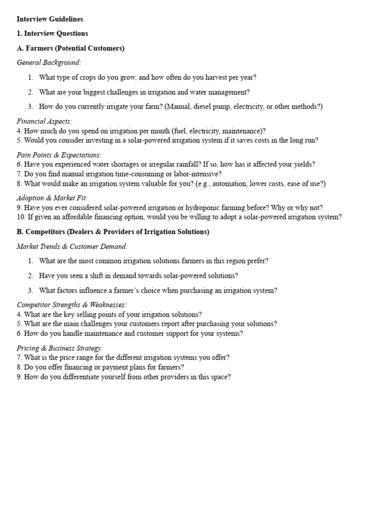 Interview Guidelines & Research Plan Conbined | PDF | Irrigation | Pricing