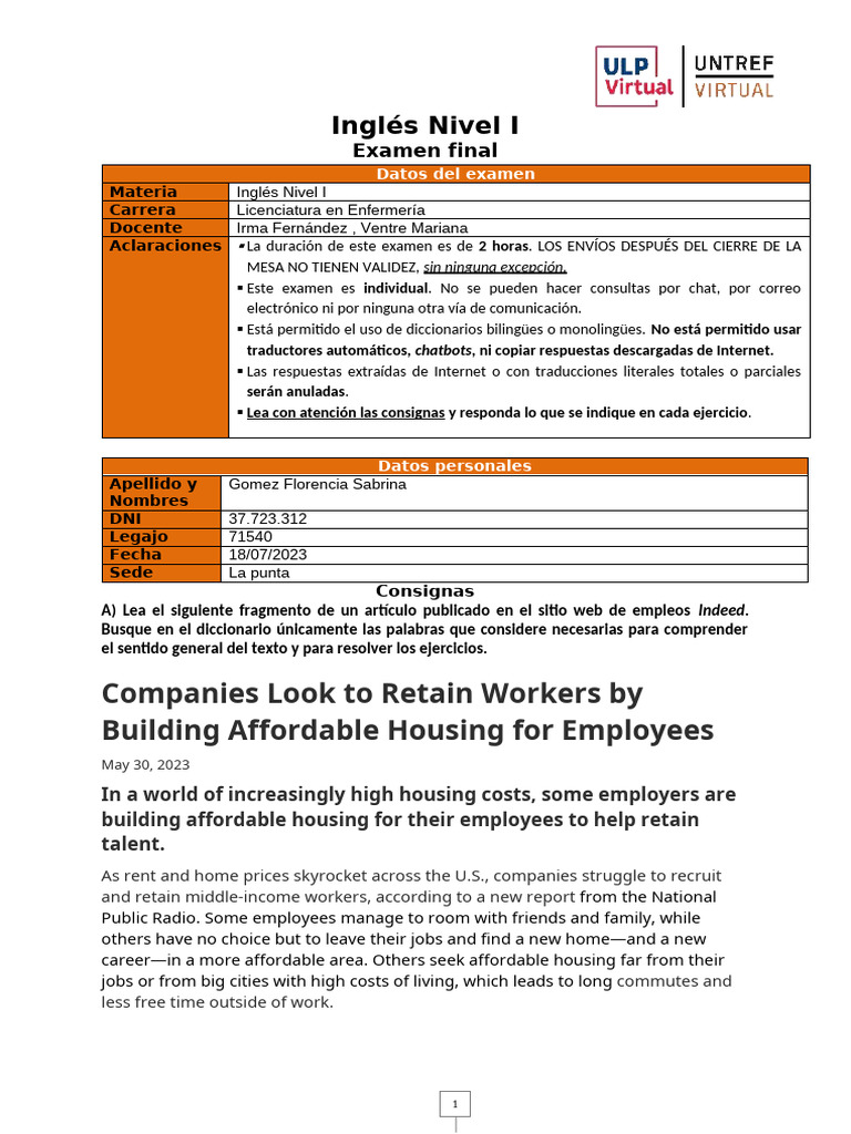 Ulp Ingles Nivel I Examen Final Julio2023 Modelo 2 1 Gomez Florencia ...