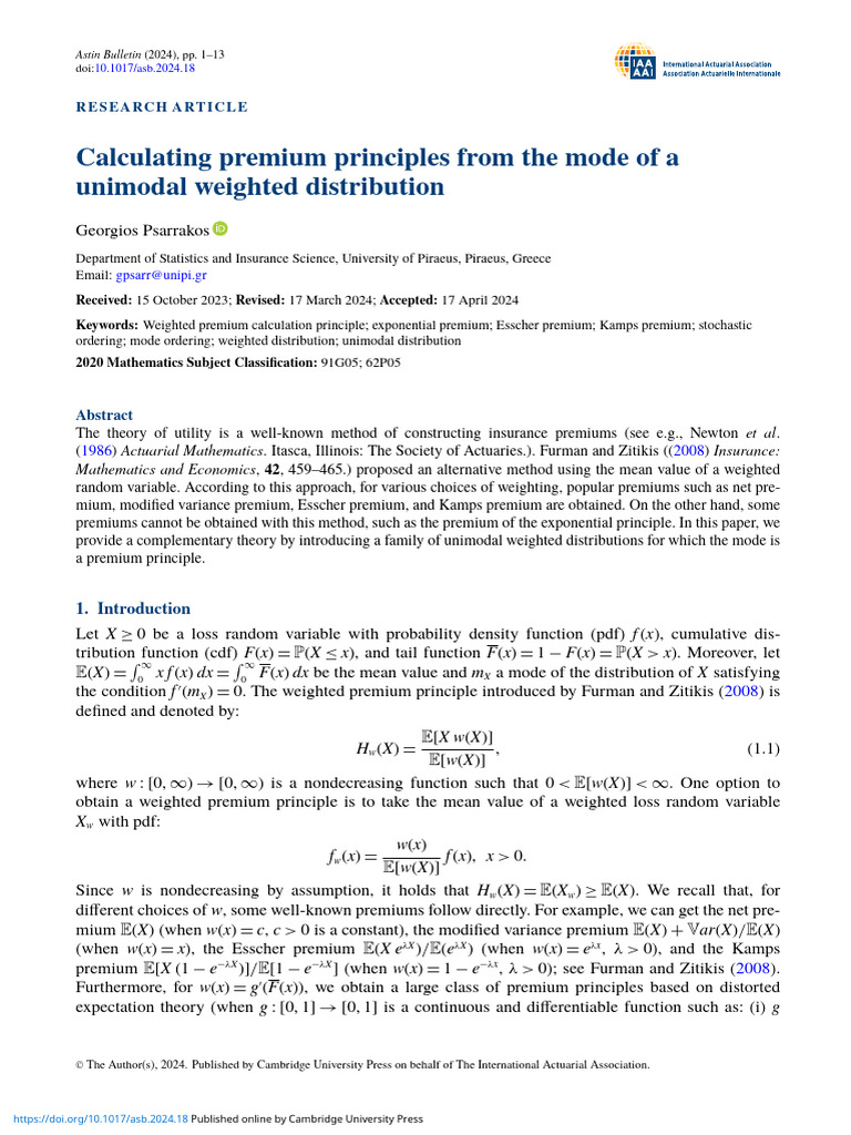 Calculating Premium Principles From the Mode of a Unimodal Weighted ...