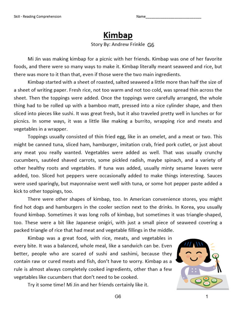 6th Kimbap Sixth Grade Reading Comprehension Worksheet | PDF | Cooking ...