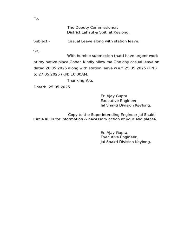 Casual Leave of Executive Engineer | PDF