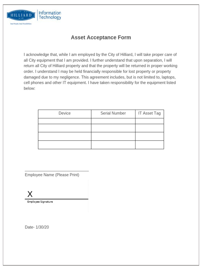 Asset Acceptance Form | PDF
