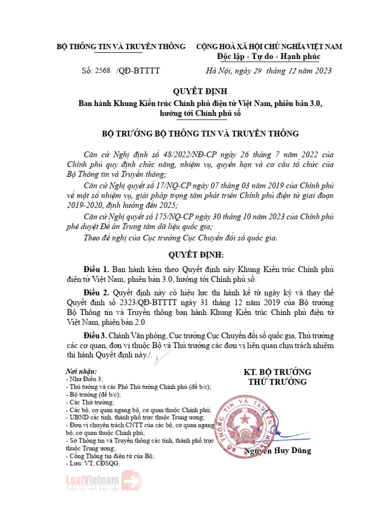 Quyet Dinh 2568 QD BTTTT 2023 Khung Kien Truc Chinh Phu Dien Tu Viet Nam Phien Ban 30 | PDF