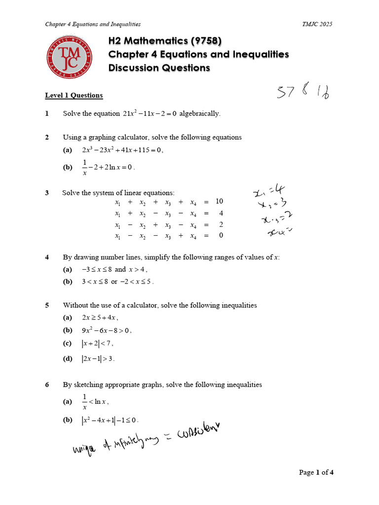 Chapter 4 Equations & Inequalities Discussion Questions | PDF ...