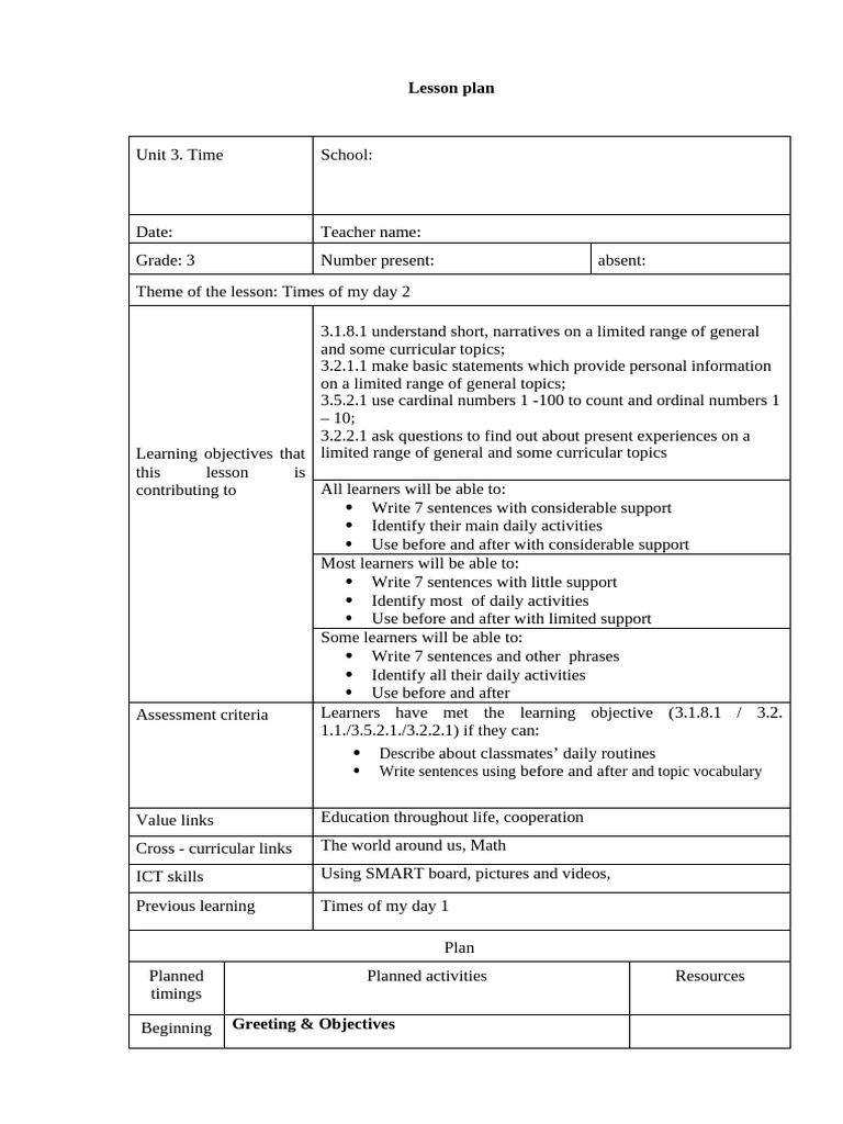 English Grade 3 Unit 3 Time Times of My Day 2 Lesson Plan Version 1 | PDF | Lesson Plan | Curriculum