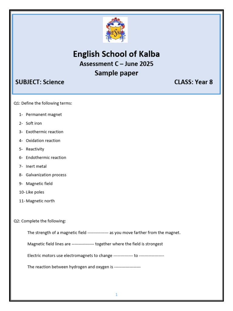 Year 8 Science Assessment Sample Paper | PDF | Magnesium | Iron