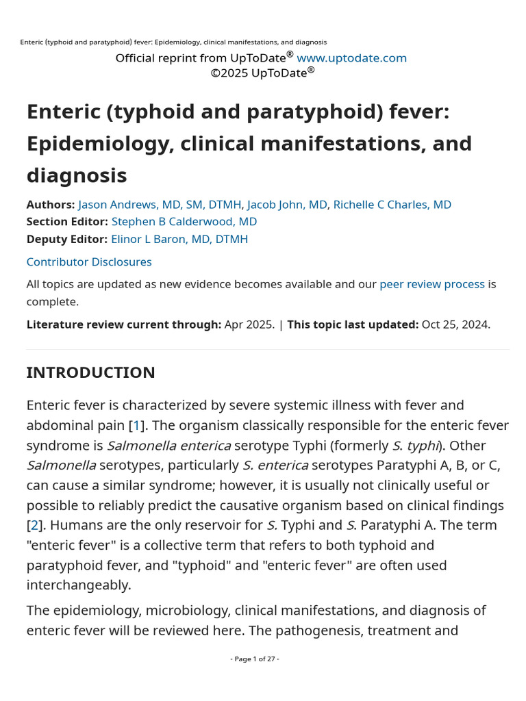 Enteric (Typhoid and Paratyphoid) Fever: Epidemiology, Clinical ...