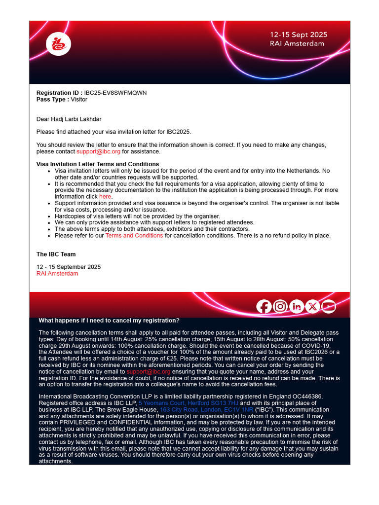Hadj Larbi IBC2025 - Visa Invitation Letter (Attached) | PDF | Travel Visa