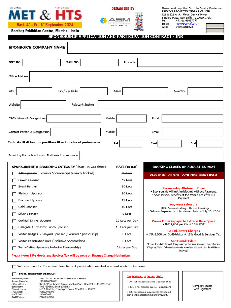 INR Sponsorship Form (MET+HTS 2024) | PDF | Payments | Taxation