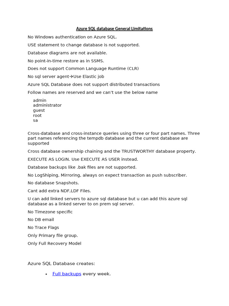 Azure SQL Database General Limitations | PDF