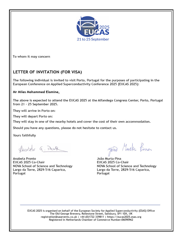 Visa Letter (EUCAS) | PDF
