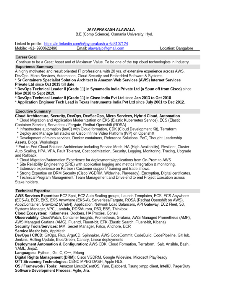 Jayaprakash Alawala(Sr Devops) | PDF | Digital Signal Processor | Cloud Computing