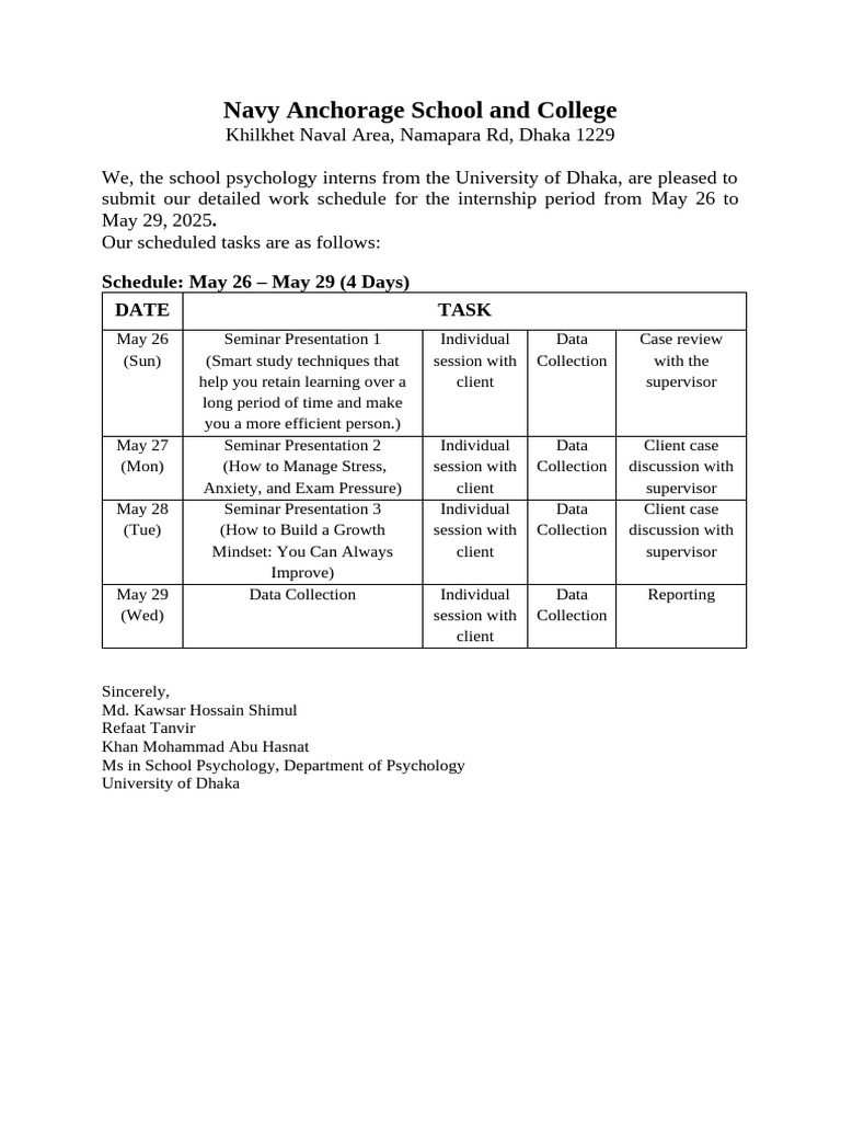 Internship Schedule for School Psychology | PDF