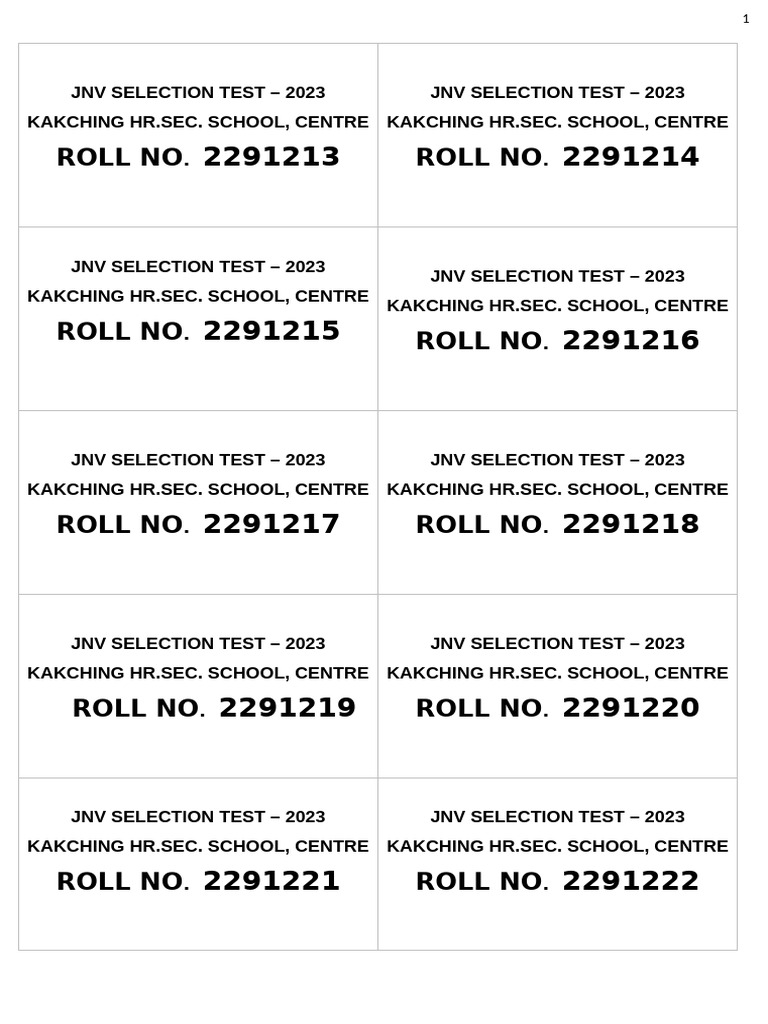 Roll No. JNV Selction Test 23 | PDF