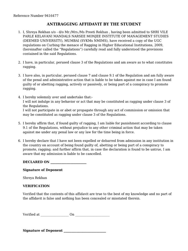 Anti Ragging Affidavit Form | PDF | Affidavit