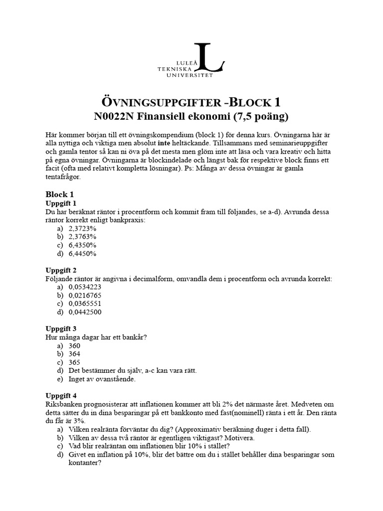 Övningsuppgifter-Block 1 | PDF