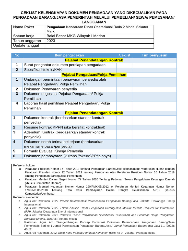 Ceklist Kelengkapan Dokumen Kontrak PBJ Dikecualikan | PDF