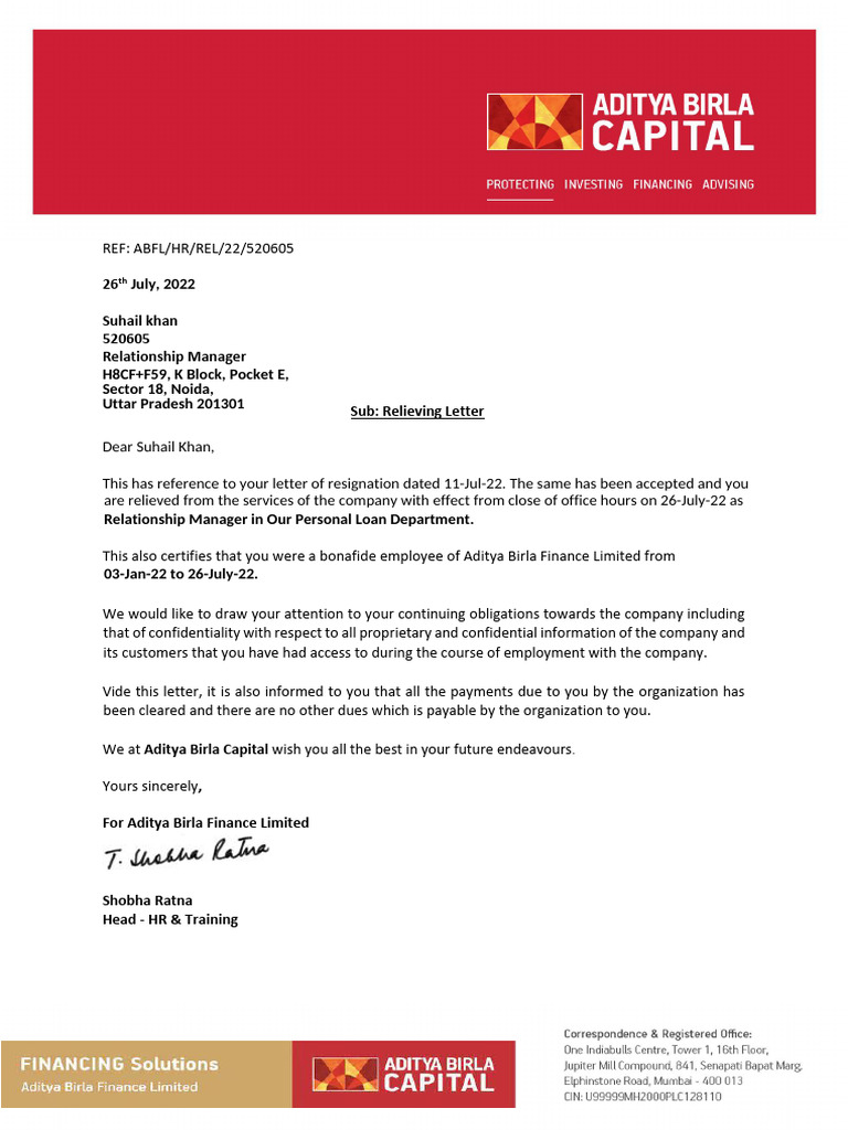 Suhail Khan 421198013 Relieving Letter ABFL 1 | PDF