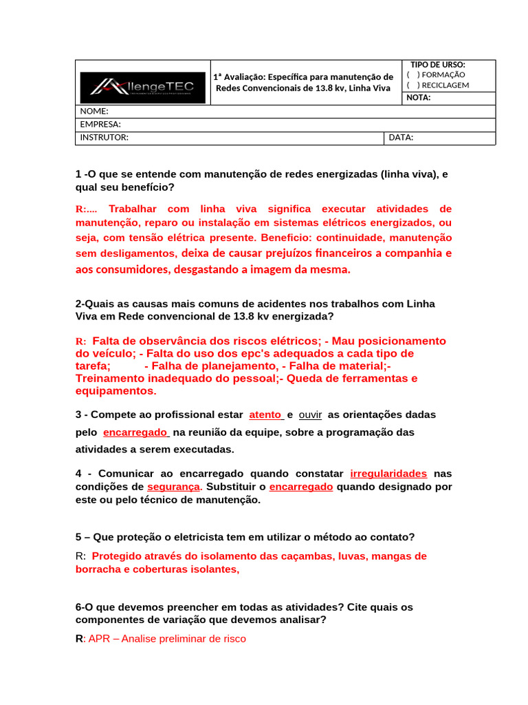 1ª Prova Convencional 13.8kv | PDF | Eletricista