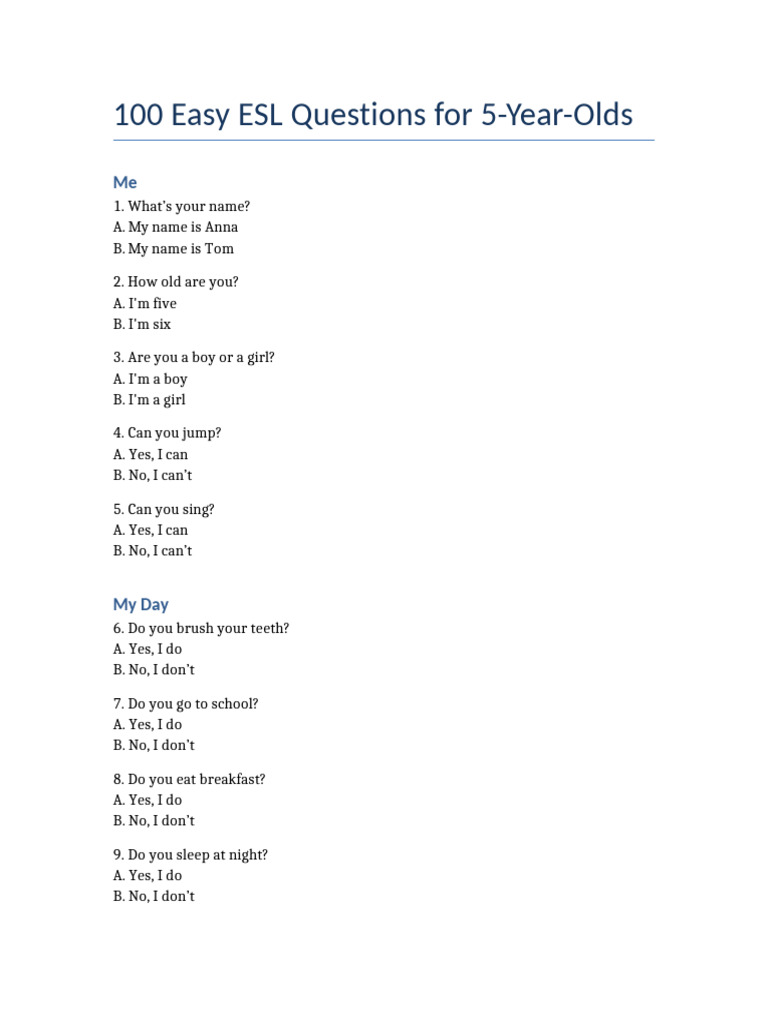 ESL Questions For 5 Year Olds | PDF