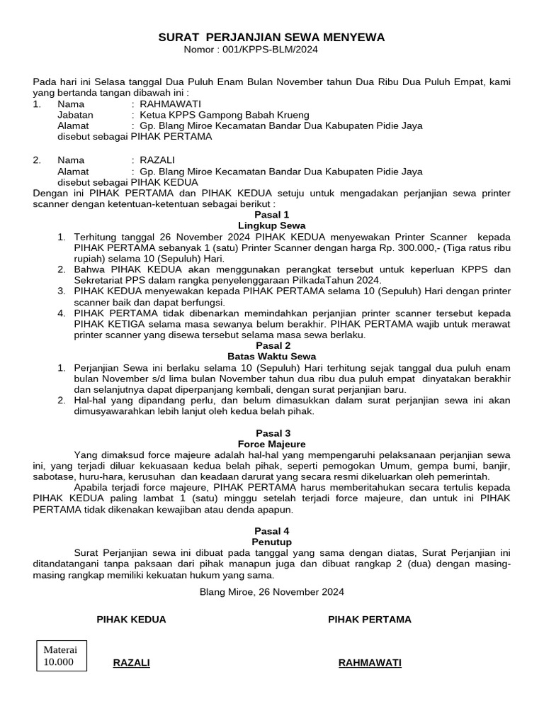 Perjanjian Sewa Printer Scanner 2024 | PDF