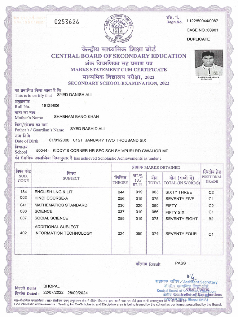 Class 10 Marksheet | PDF