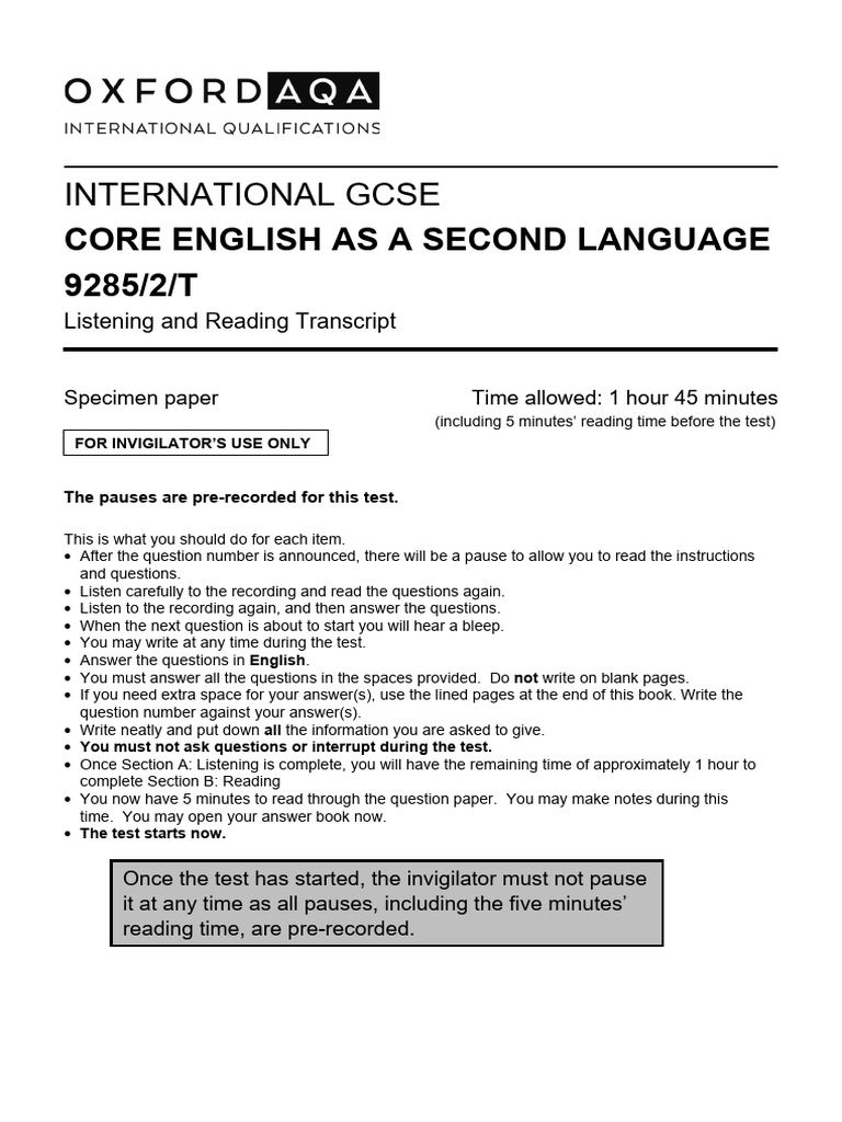 Oxfordaqa International Gcse Core Esl 9285 02 Specimen Listening ...