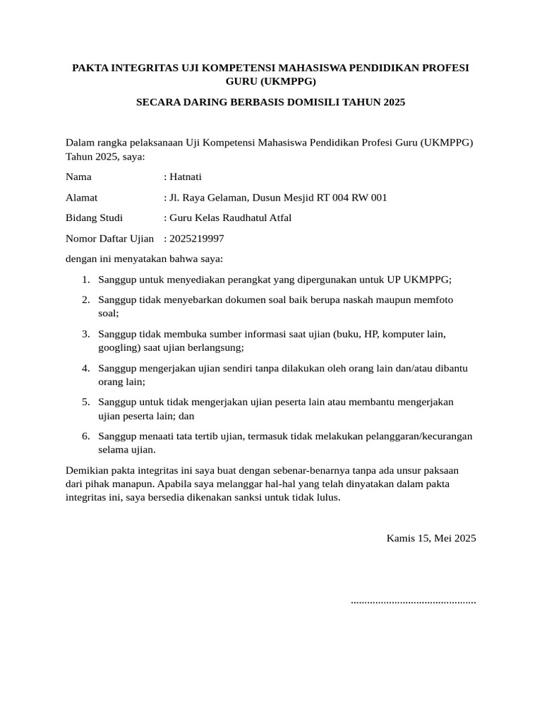 Pakta Integritas Uji Kompetensi Mahasiswa Pendidikan Profesi Guru | PDF