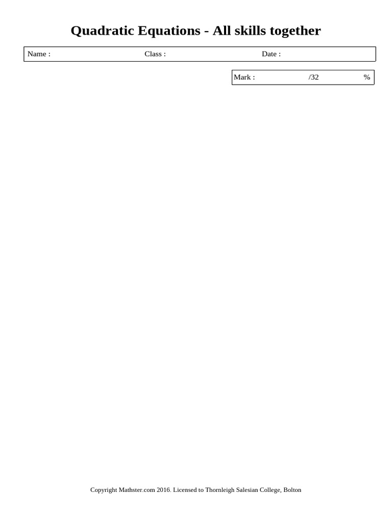 Quadratic Equations - All Skills Together - 2 | PDF