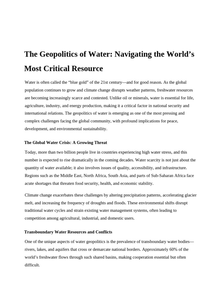 The Geopolitics of Water | PDF | Water Scarcity | Water Resources