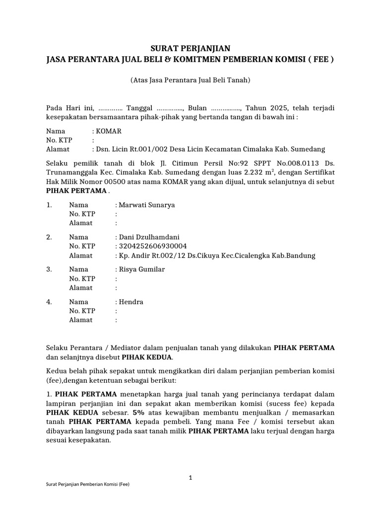 Surat Perjanjian Komisi Tanah | PDF