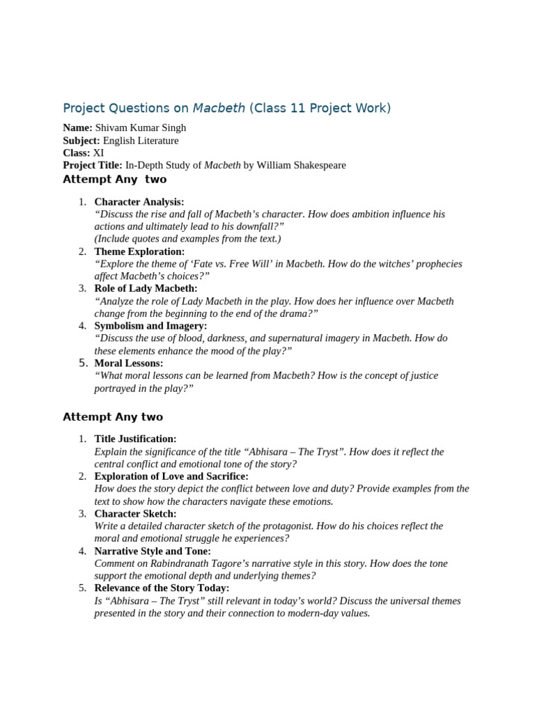 Class 11 Project Work English 1 & 2 | PDF | Macbeth
